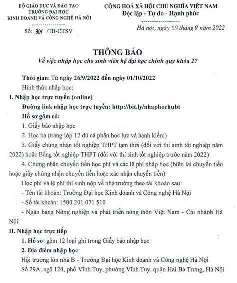Hồ Sơ Nhập Học Đại Học Kinh Doanh Và Công Nghệ Hà Nội Năm 2022
