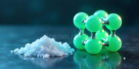 Green Molecular Model And White Crystalline Substance On A Dark Surface