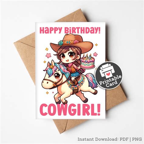 Printable Cowgirl Birthday Card For Birthday Girl Western Themed Kawaii
