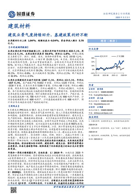 建筑材料行业周报：建筑业景气度持续回升，基建政策利好不断
