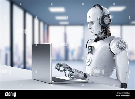 3d rendering humanoid robot working with headset and notebook stock