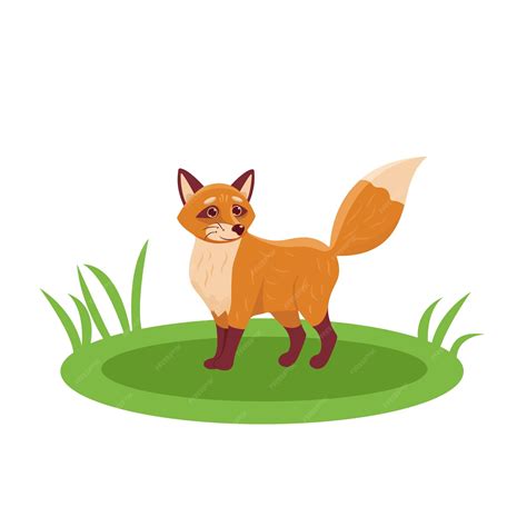 잔디 위를 걷는 만화 붉은 여우 플랫 스타일의 벡터 일러스트 레이 션 프리미엄 벡터