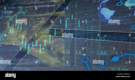 Data Panels Displaying On Online Dashboard With Candlestick Charts Numeric Overlays And World