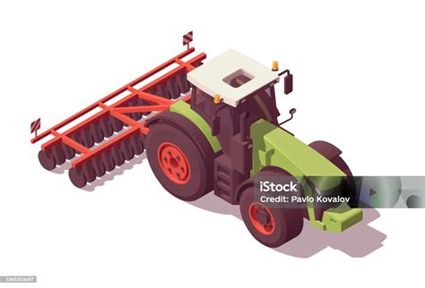 농업 장비 세트와 등대 트랙터 흰색 백그로웅에 빨간색 재배자가있는 고립 된 낮은 폴리 녹색 트랙터 벡터 일러스트레이터 수집 트랙터에 대한 스톡 벡터 아트 및 기타 이미지