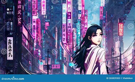 Girl On The Street In Tokyocyberpunk Steampunk Drawing Stock Illustration Illustration Of