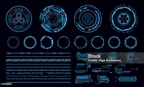 Hud 요소입니다 미래 지향적 인 파란색 가상 그래픽 터치 사용자 인터페이스 웹 응용 프로그램 선 및 원 프레임 및 포인터 벡터