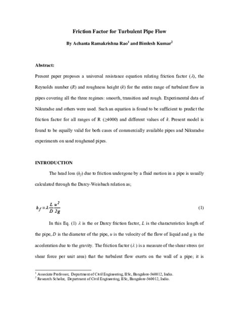 Pdf Friction Factor For Turbulent Pipe Flow