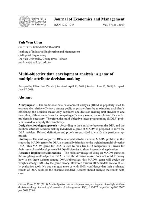 Pdf Multi Objective Data Envelopment Analysis A Game Of Multiple