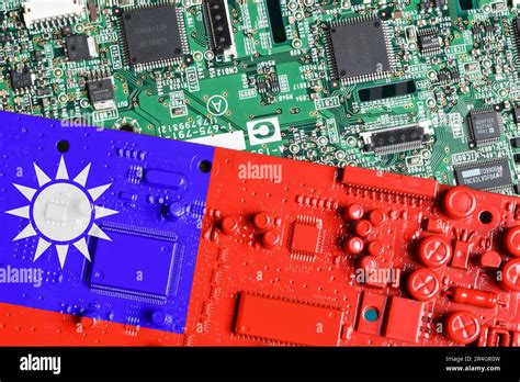 Flag Of Taiwan On A Red Painted Printed Electronic Circuit Board