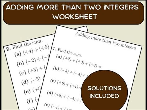 Adding More Than Two Integers Worksheet With Solutions Teaching Resources
