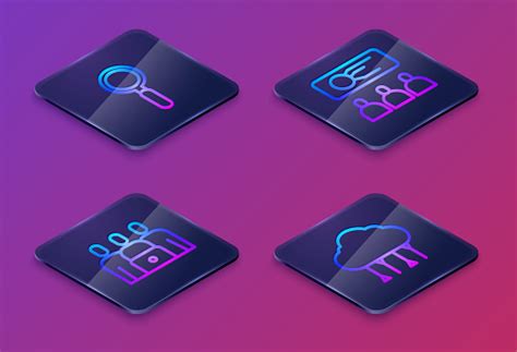 아이소메트릭 라인 돋보기 온라인 클래스 교육 프레젠테이션 및 네트워크 클라우드 연결을 설정합니다 파란색 정사각형 버튼 벡터 3차원 형태에 대한 스톡 벡터 아트 및 기타