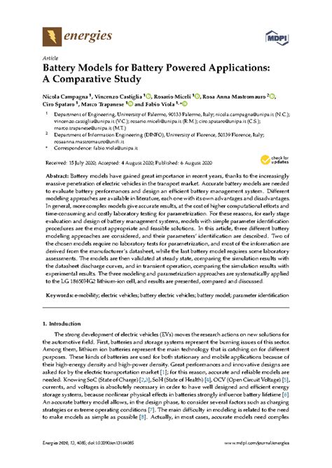 Battery Models For Battery Powered Applications Energies Article Battery Models For Battery