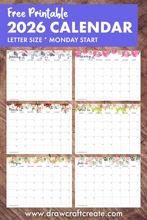 Free 2026 Calendar Printable Monday Start Draw Craft Create