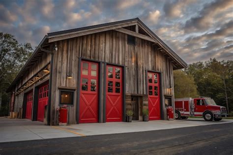Premium Photo Rustic Fire Station With Bright Red Doors And A