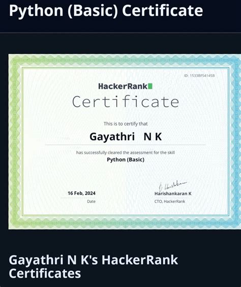 gayathri n k on linkedin got python certification from hackerrank