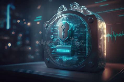 Cyber Security Concept And Digital Data Protection With A Locker In A Blue Background Stock