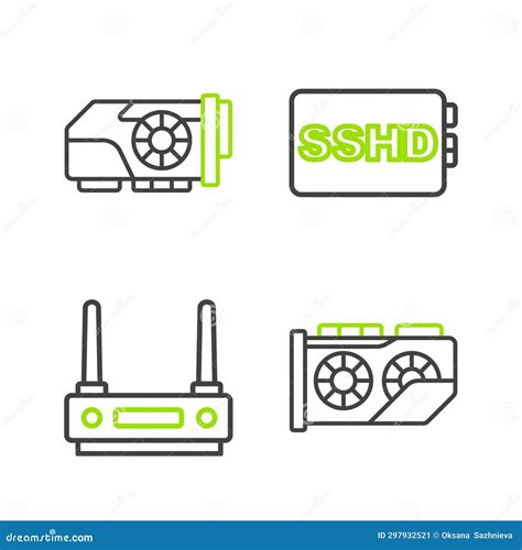 Set Line Video Graphic Card Router And Wi Fi Signal SSHD And Icon Vector Stock Vector