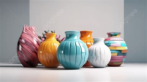 텍스트 삽화를 위한 공간이 있는 흰색 배경에서 화려한 3d 렌더링의 활기찬 세라믹 꽃병과 냄비 가구 배경 인테리어 배경 집 배경 배경 일러스트 및 사진 무료 다운로드