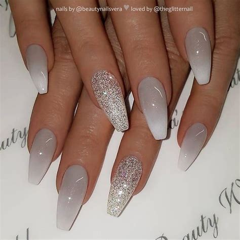 Grey To White Ombre And Glitter On Coffin Nails 👌 • 💅 Nail Artist