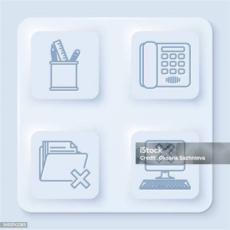 라인 필통 편지지 전화 삭제 폴더 키보드와 X 표시가 있는 컴퓨터를 설정합니다 흰색 사각형 버튼입니다 벡터 경계 표지에 대한 스톡 벡터 아트 및 기타 이미지 Istock