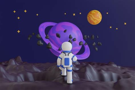 배경에 보라색 행성이 있는 행성을 보고 있는 우주 비행사의 3d 그림 프리미엄 Psd 파일