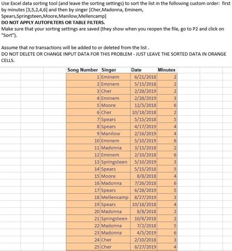 Solved Use Excel Data Sorting Tool And Leave The Sorting