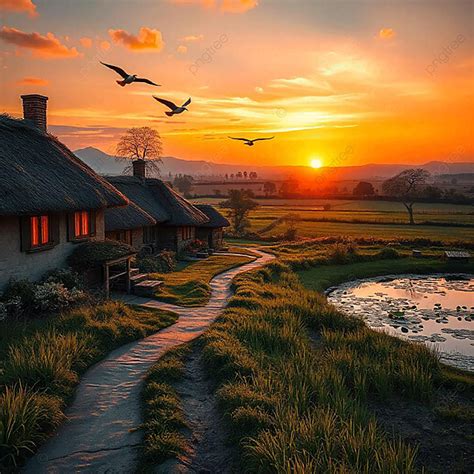 Village Sunset Senery Background Sunset Landscape Village Sunset
