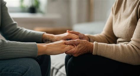 Crop Close Up Of Mature Mother And Adult Daughter Hold Hands Talk Share