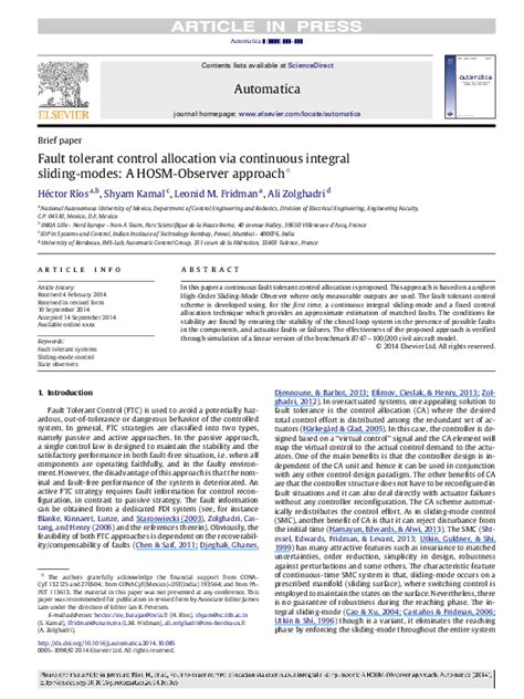 Pdf Fault Tolerant Control Allocation Via Continuous Integral Sliding