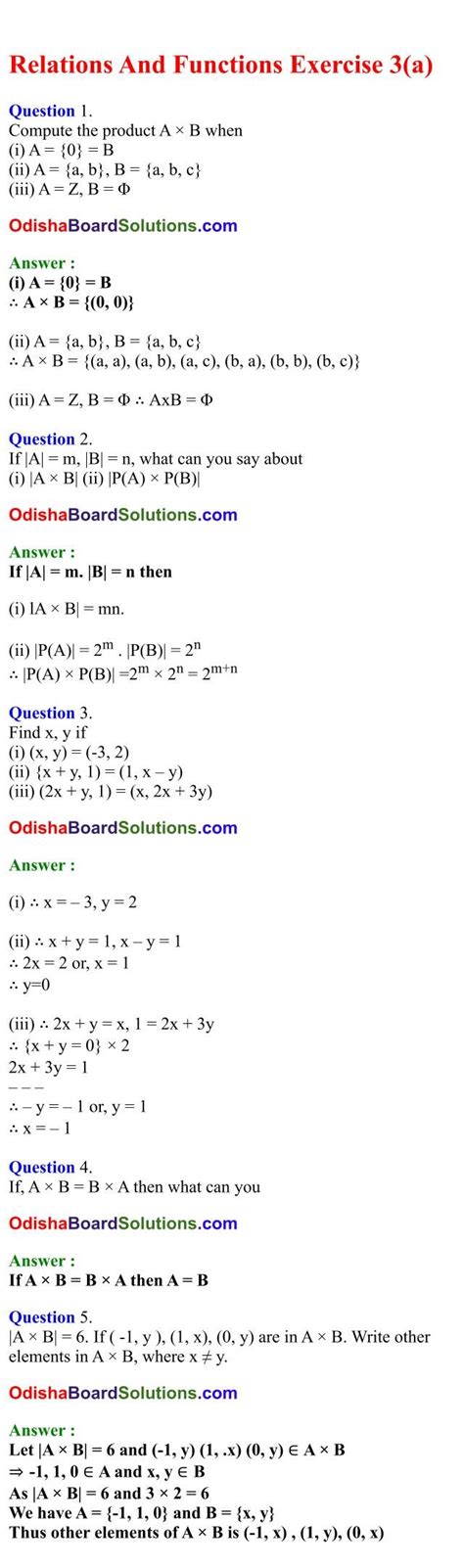 CHSE Odisha Class Math Solutions Chapter Exercise A Relations And Functions Odisha