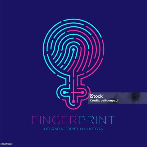 여자 기호 그림 패턴 지문 스캔 로고 아이콘 대시 라인 여성 성별 개념 편집 가능한 스트로크 그림 파란색과 분홍색 지문 텍스트와 공간 파란색 배경에 고립 벡터 0명에 대한