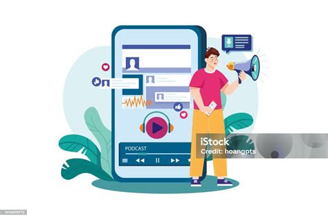 소셜 미디어 플랫폼 일러스트 컨셉을 통해 팟 캐스트를 홍보하는 사람 흰색 배경에 고립 된 평면 그림 듣기에 대한 스톡 벡터 아트 및 기타 이미지 Istock