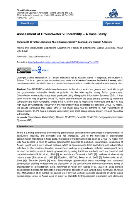 Pdf Assessment Of Groundwater Vulnerabilitya Case Study