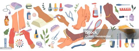 페디큐어 도구 살롱 액세서리 및 발 위생 및 손톱 관리 평면 만화 아이콘 세트장비 벡터 가위 및 클리퍼 젤 램프 소모품 폴란드어 병 과 브러시 크림과 네일 파일 발톱에 대한