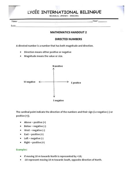 Mathematics Handout 2 Directed Numbers N Positive Pdf Integer