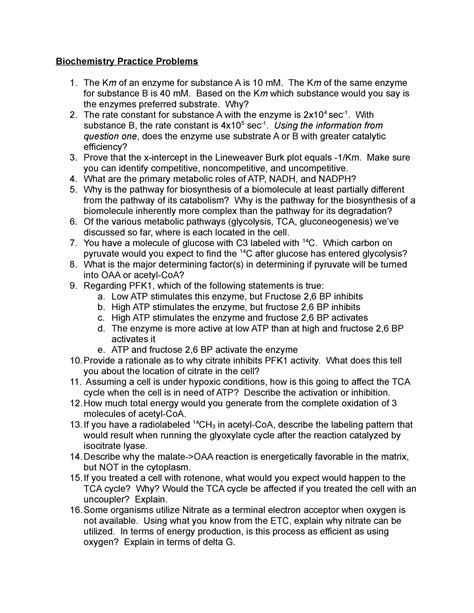 Biochemistry Practice Exam I Biochemistry Practice Problems The Km Of An Enzyme For