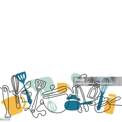 칼 붙이 라인 아트 배경입니다 다른 주방 용품의 한 라인 드로잉 벡터 요리하기 음식 준비에 대한 스톡 벡터 아트 및 기타 이미지 요리하기 음식 준비 부엌 요리사