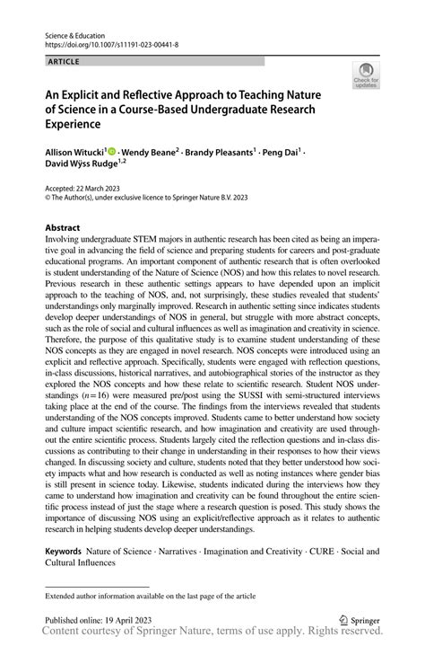 An Explicit And Reflective Approach To Teaching Nature Of Science In A Course Based