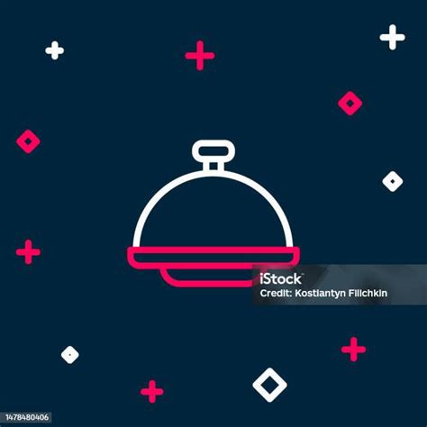 선 파란색 배경에 격리된 음식 아이콘 트레이로 덮여 있습니다 트레이 및 뚜껑 기호 뚜껑이 있는 레스토랑 클로치 다채로운 개요