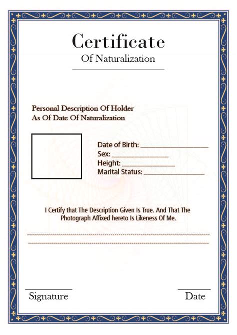 Certificate Of Naturalization Template Printable Pdf Word