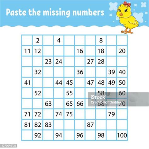 누락된 숫자를 1에서 100으로 붙여 넣습니다 필기 연습 아이들을위한 학습 번호 워크시트를 개발하는 교육 어린이를위한 게임