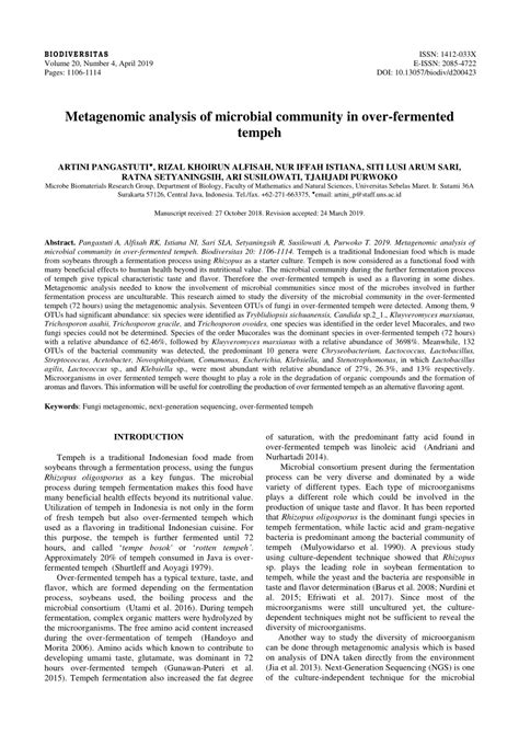 Pdf Metagenomic Analysis Of Microbial Community In Over Fermented Tempeh