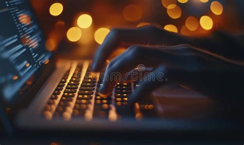 Hands Typing On Laptop Keyboard At Night With Warm Bokeh Lights Stock Illustration