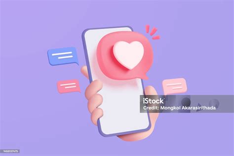 3d 소셜 미디어 온라인 플랫폼 개념 응용 프로그램에 온라인 소셜 커뮤니케이션 마음과 사랑 이모티콘 아이콘이있는 휴대 전화 빨간색 버블 3d 아이콘과 같이 재생합니다 3d