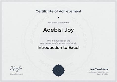 Joy Joseph Adebisi On Linkedin Certificate Of Achievement Introduction To Excel 365 Data Science