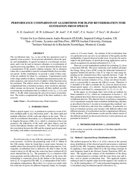 pdf performance comparison of algorithms for blind reverberation time
