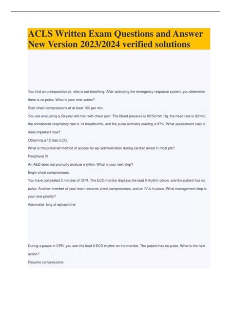 ACLS Written Exam Questions And Answer New Version 2023 2024 Verified Solutions Acls Stuvia US