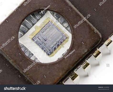 Eprom Memory Microchip With A Transparent Window Showing The Integrated Circuit Inside Stock
