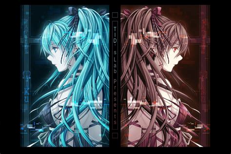 Vocaloid Hatsune Miku Redhead Red Dress Blue Dress Blue Hair Blue