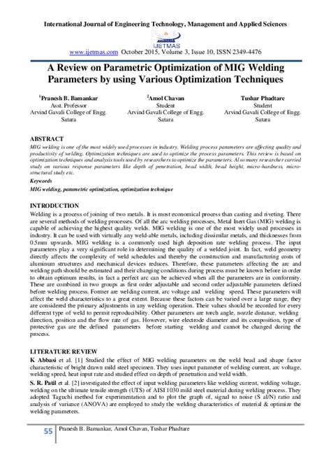 Pdf A Review On Parametric Optimization Of Mig Welding Parameters By
